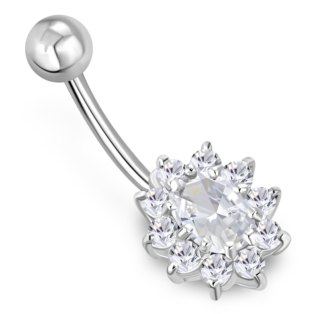 Belly Rings: Clear CZ Victorian Style Silver Belly Ring, f119