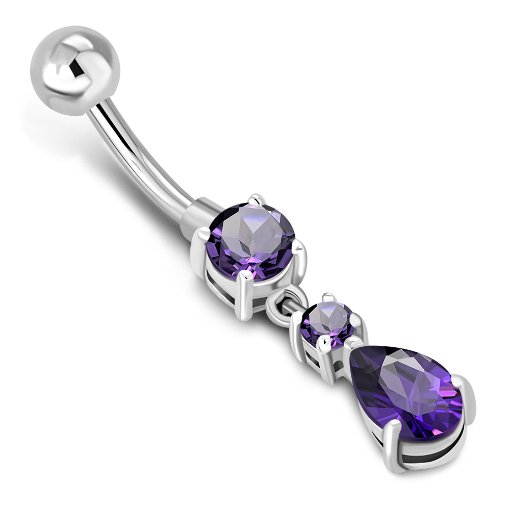 Belly Rings: Amethyst CZ Belly Navel ring w Drop Shape Dangle, f285