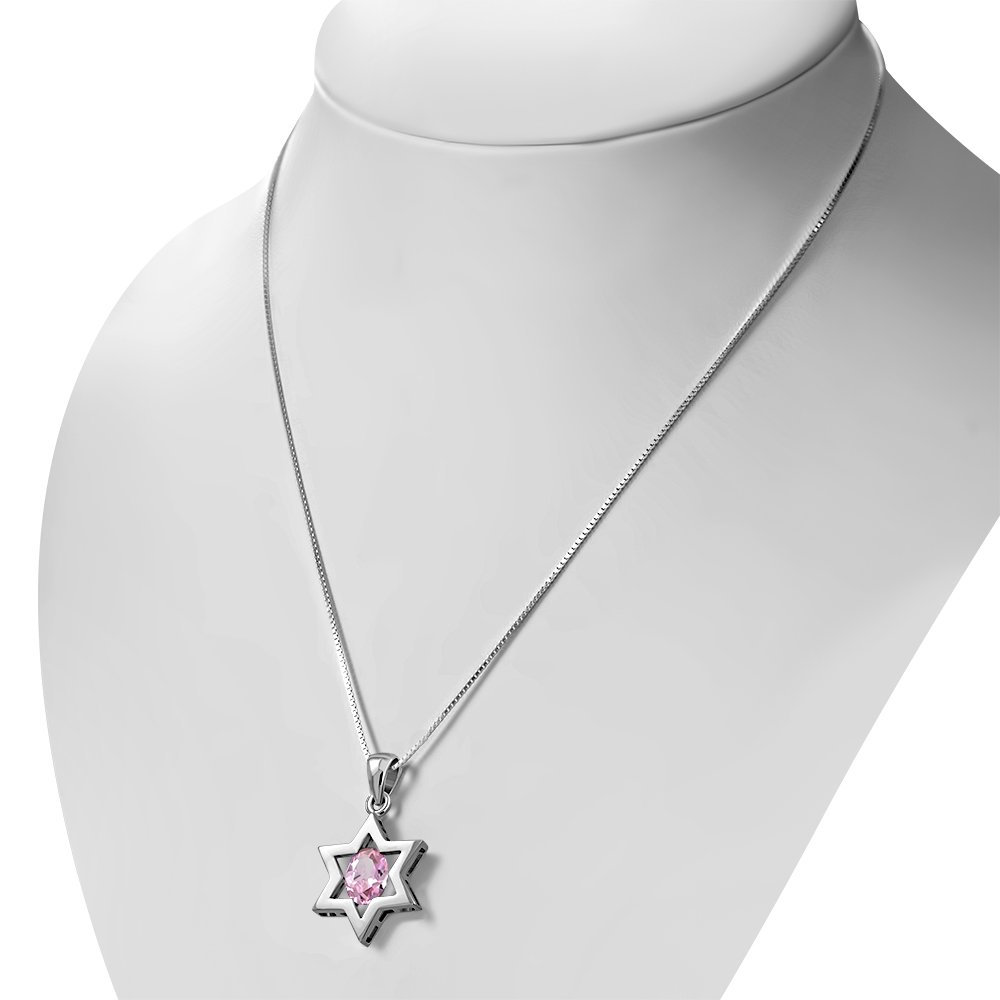 Jewish Stone Pendants: Pink CZ Star of David Silver Pendant, p357