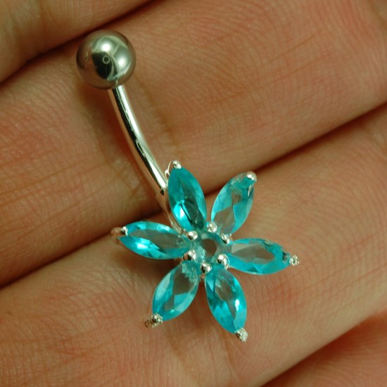 Belly Rings: Blue Topaz CZ Flower Silver Belly Navel Ring, f129